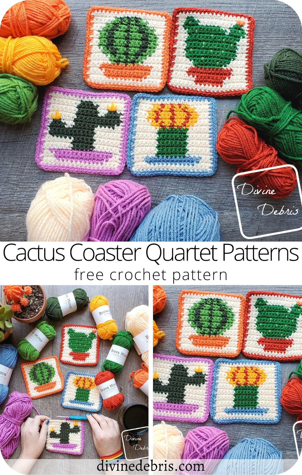 Cactus Coaster Quartet free crochet patterns by DivineDebris.com Divine ...