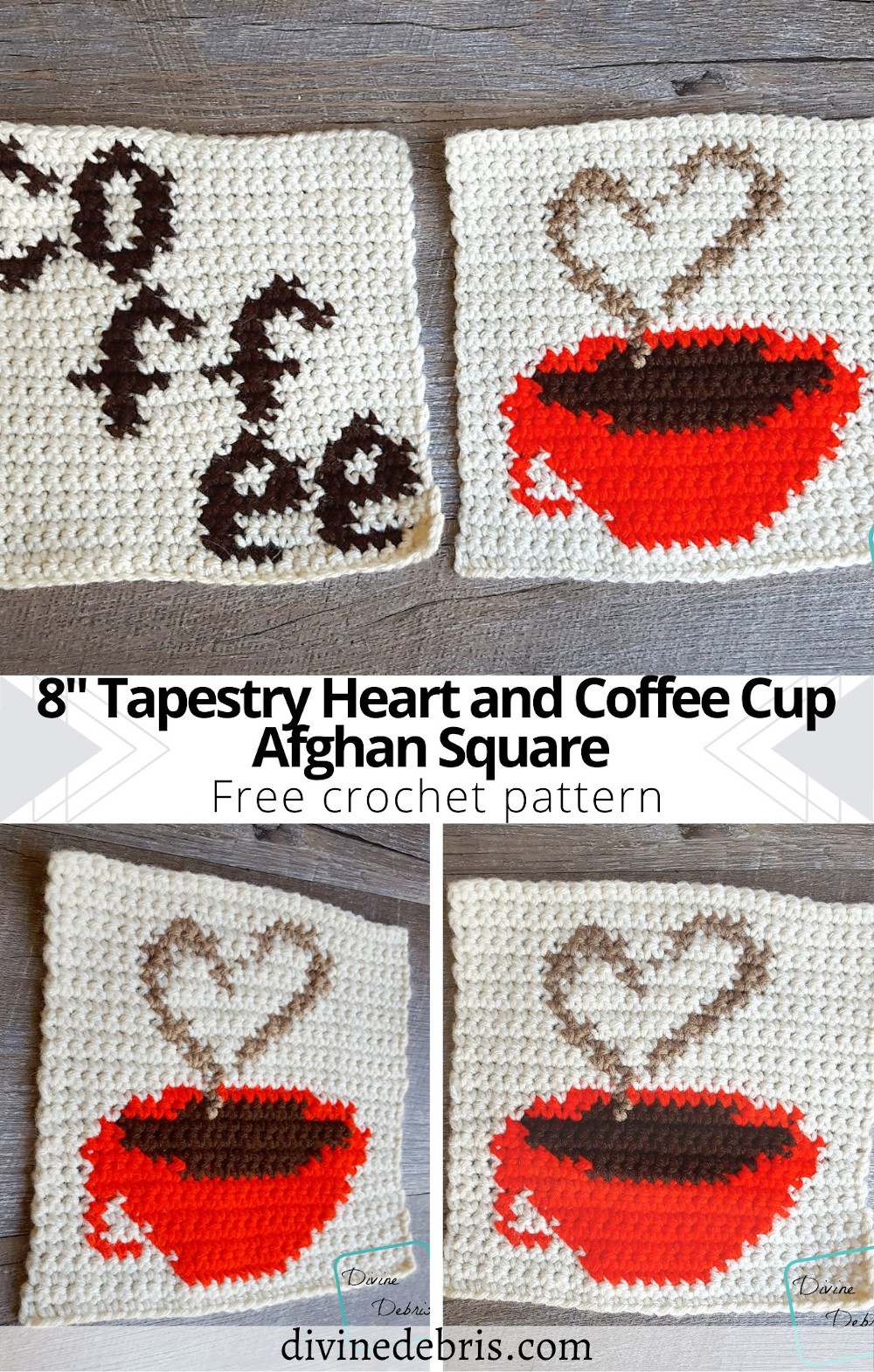 8" Tapestry Heart Coffee Cup Afghan Square Free Crochet Pattern
