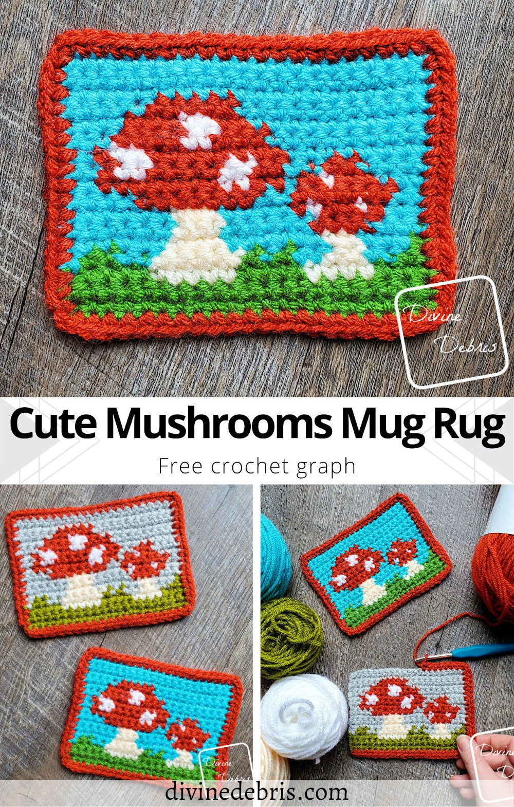 The Cute Mushrooms Mug Rug free crochet pattern Divine Debris